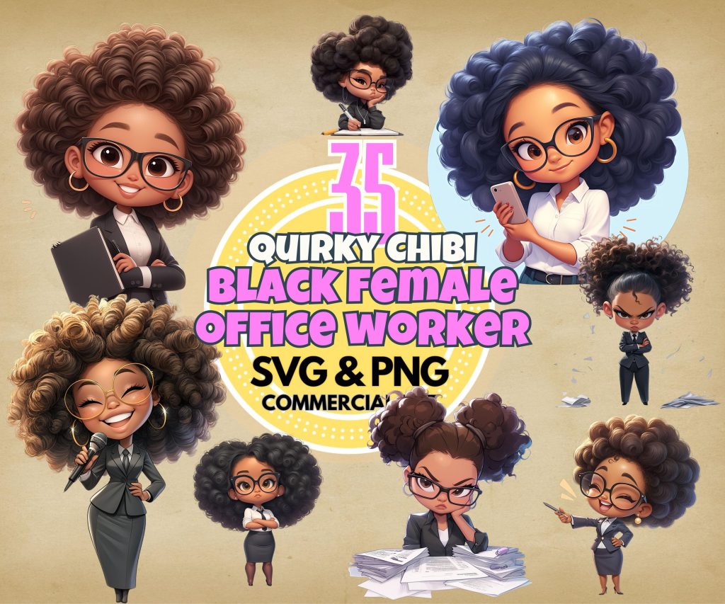 Chibi Black Female Office Worker Clipart - 32 Cute PNG and SVG Graphics ...