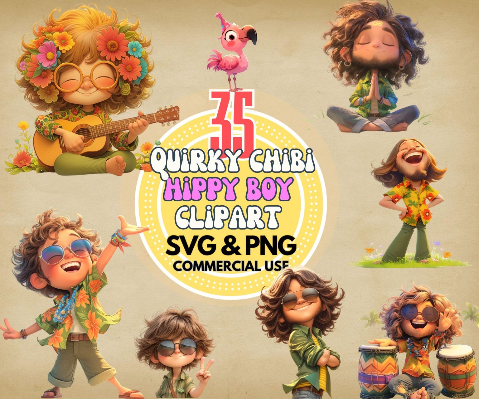 Chibi Hippy Boy Clipart Bundle - 35 Boho-Style PNG and SVG Graphics for ...