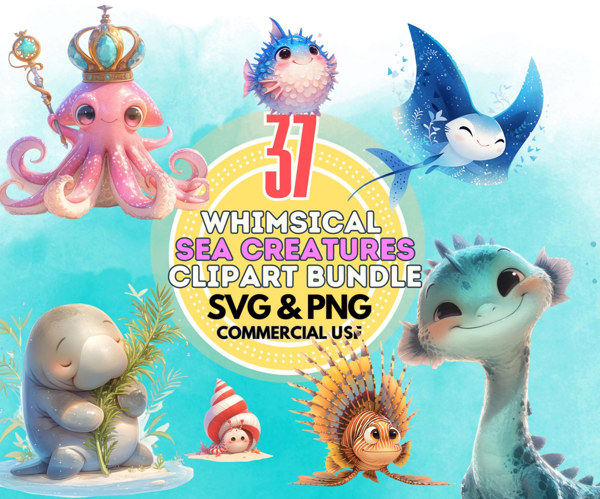 Whimsical Sea Creature Clipart - 37 PNG and SVG Ocean Graphics for ...