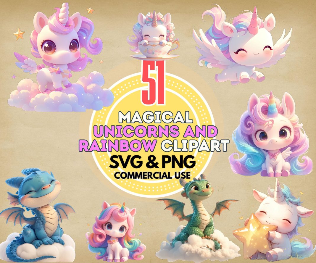 Unicorn and Rainbow Clipart Bundle – 51 Magical Graphics for Crafts and ...