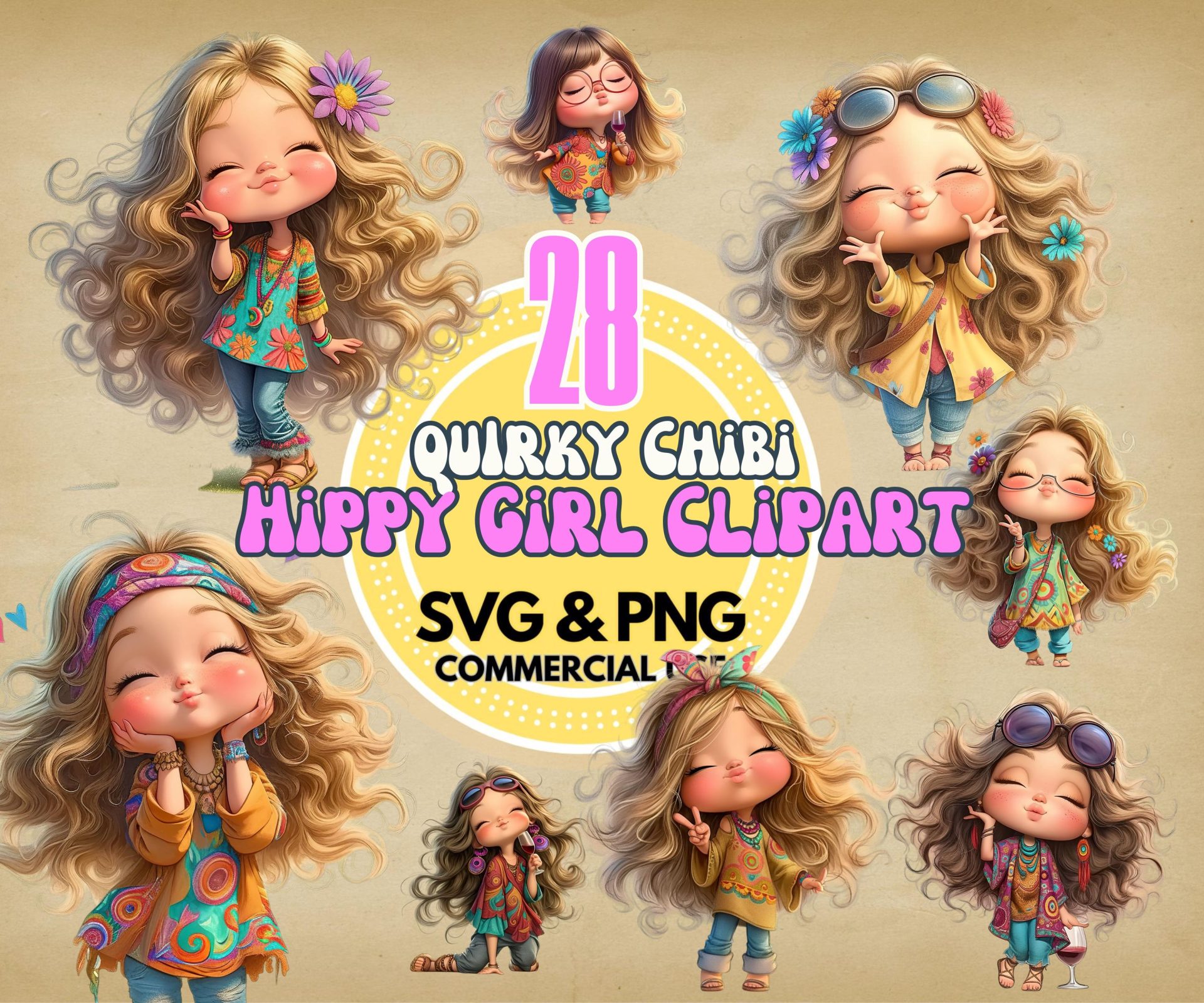 Chibi Hippy Girl Clipart Bundle – Boho Retro Graphics, 300 DPI PNG and ...