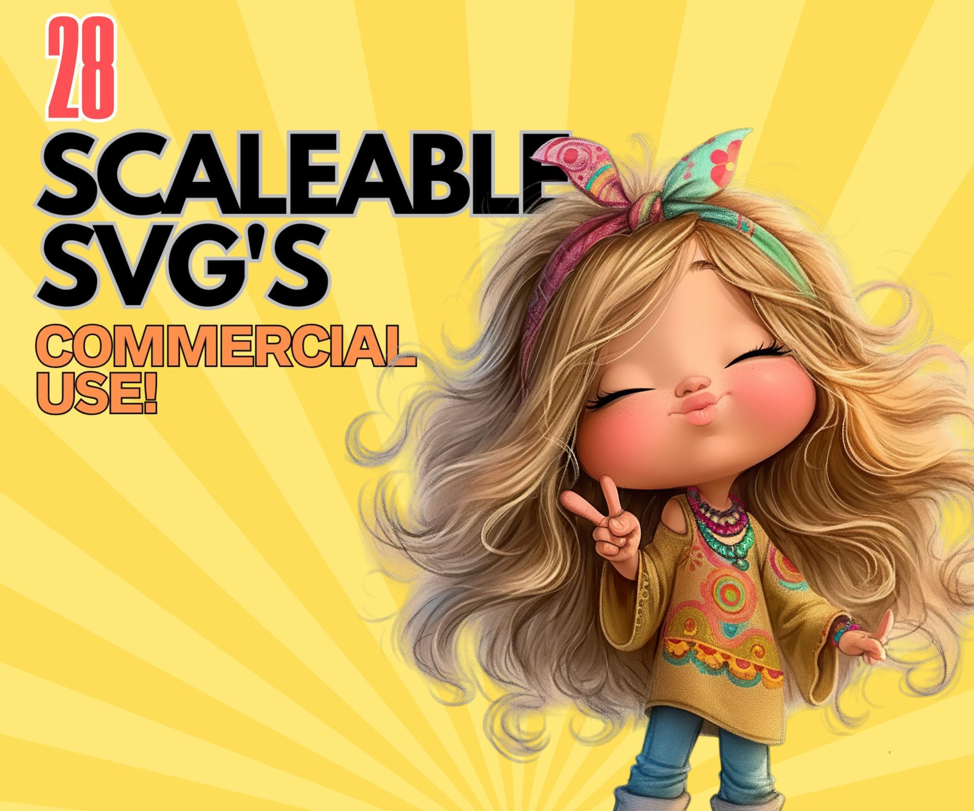 Chibi Hippy Girl Clipart Bundle – Boho Retro Graphics, 300 DPI PNG and ...