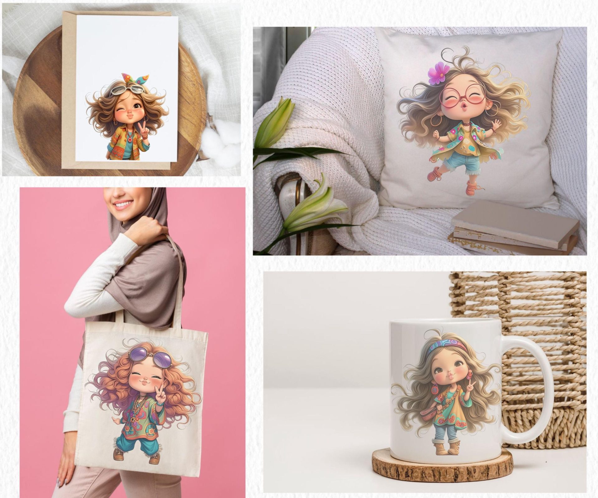 Chibi Hippy Girl Clipart Bundle – Boho Retro Graphics, 300 DPI PNG and ...