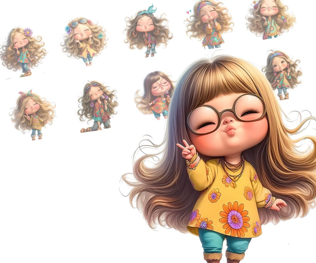 Chibi Hippy Girl Clipart Bundle – Boho Retro Graphics, 300 DPI PNG and ...