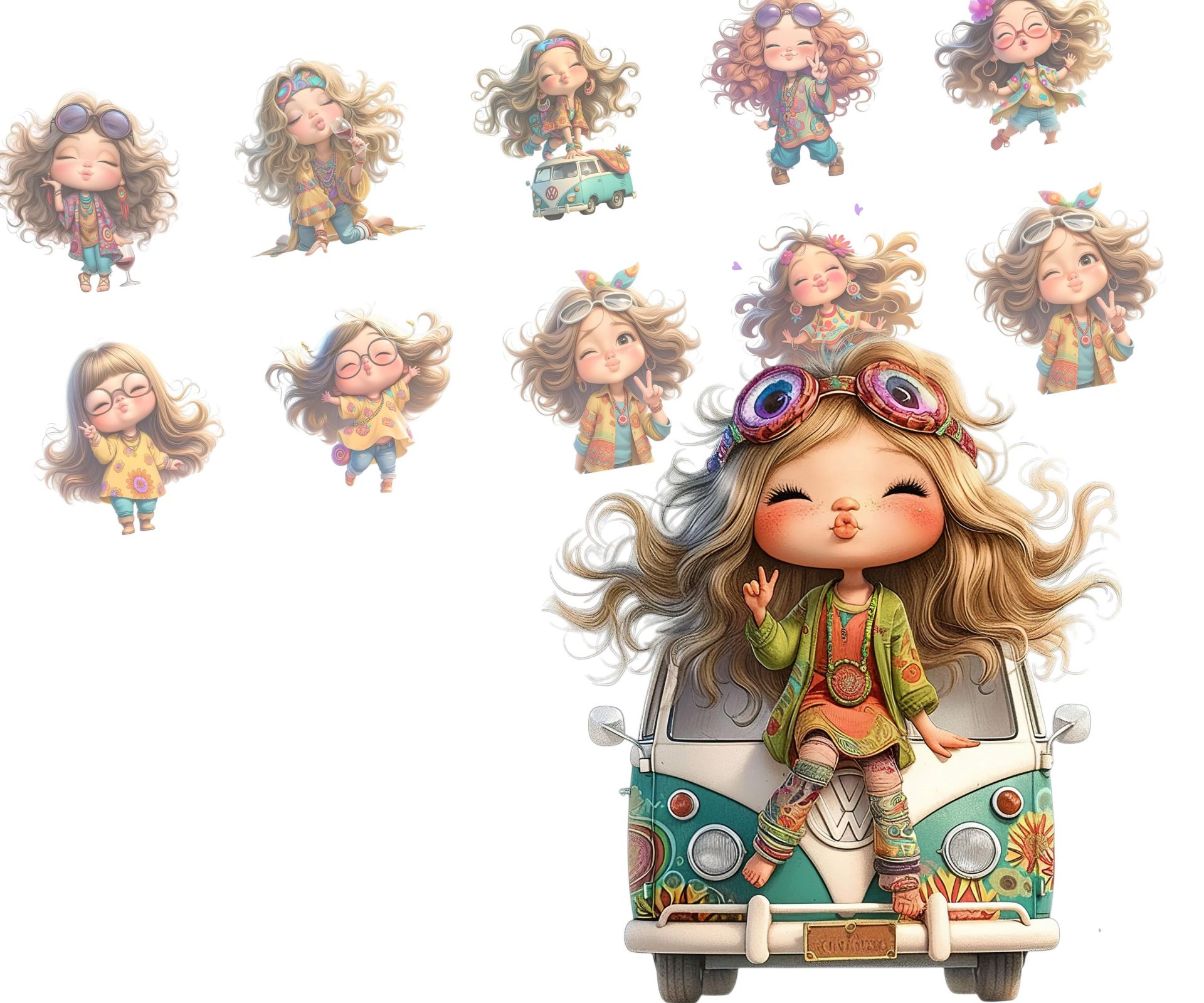 Chibi Hippy Girl Clipart Bundle - Boho Retro Graphics, 300 DPI PNG and ...