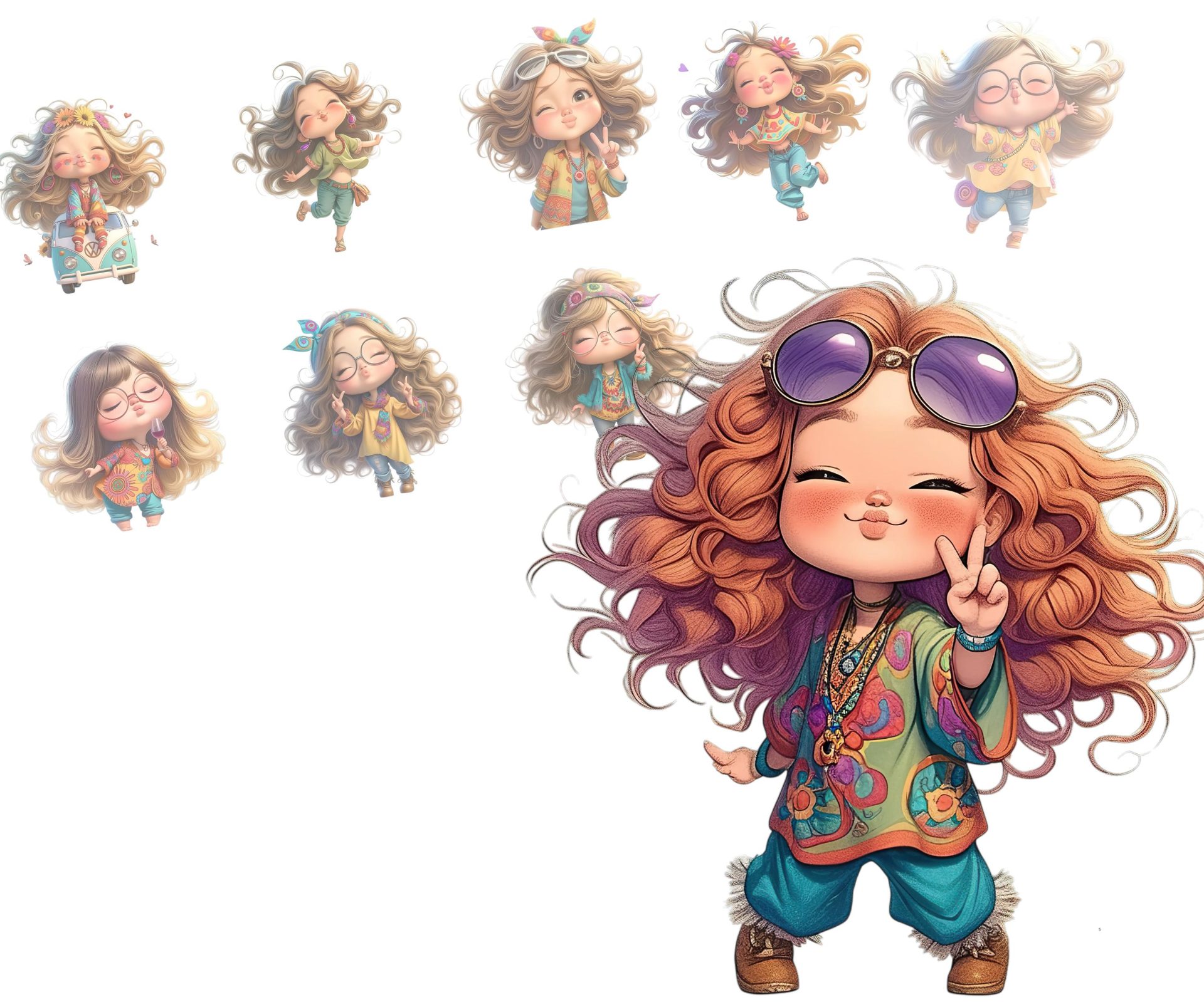 Chibi Hippy Girl Clipart Bundle – Boho Retro Graphics, 300 DPI PNG and ...