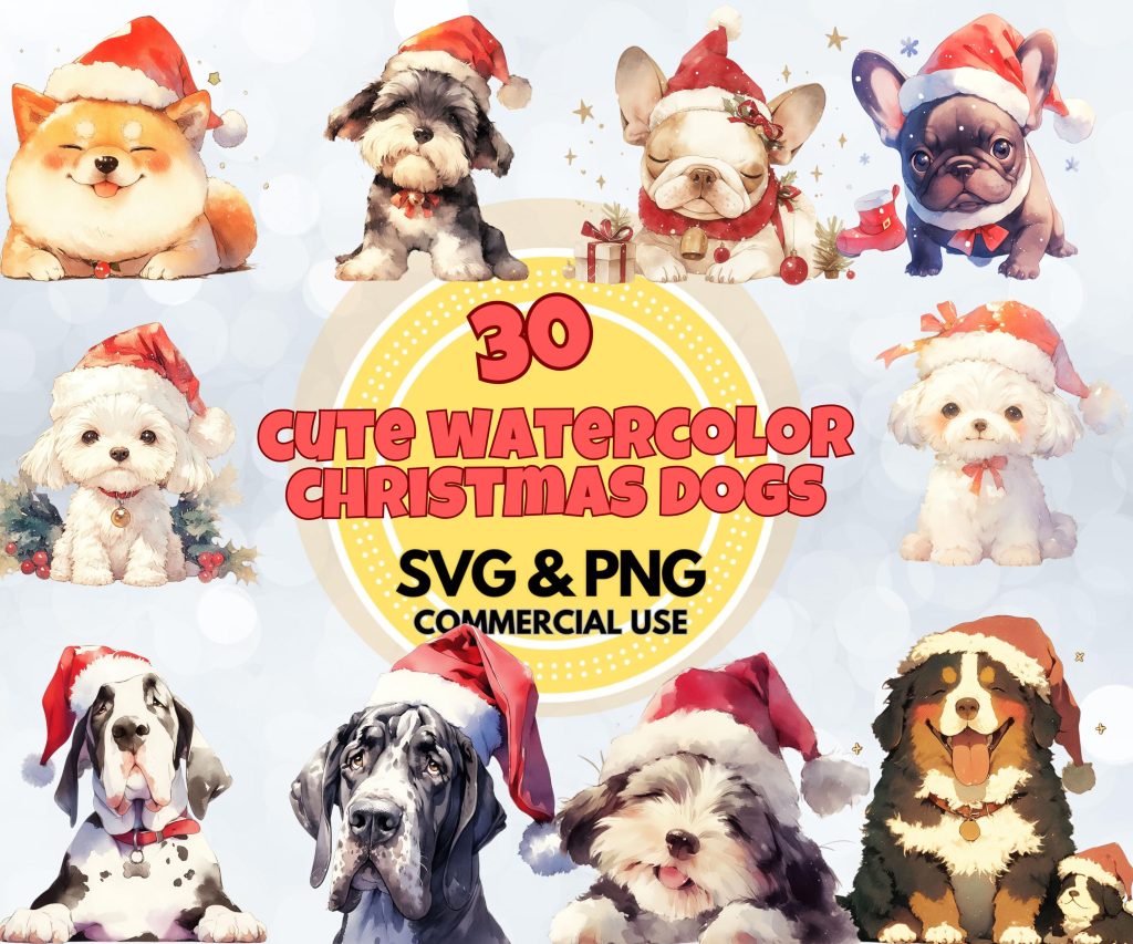 Watercolor Christmas Puppies Clipart Bundle – Festive Holiday Dog ...
