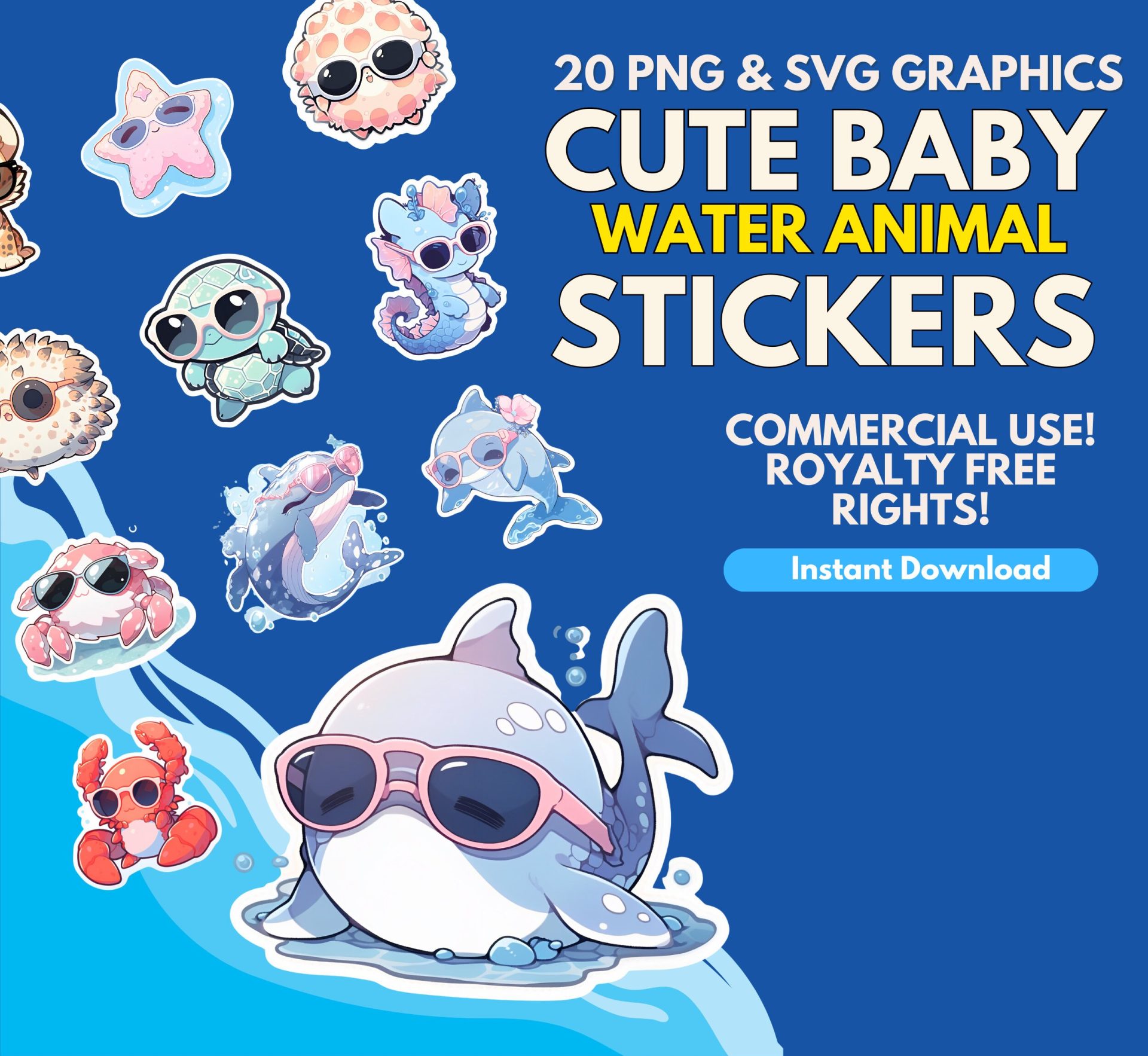 20 Cute Baby Water Animal Stickers with Sunglasses - PNG & SVG for ...