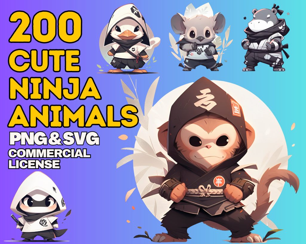 Ninja Animals Clipart Bundle – 200 Cute PNG & SVG Files for Instant ...