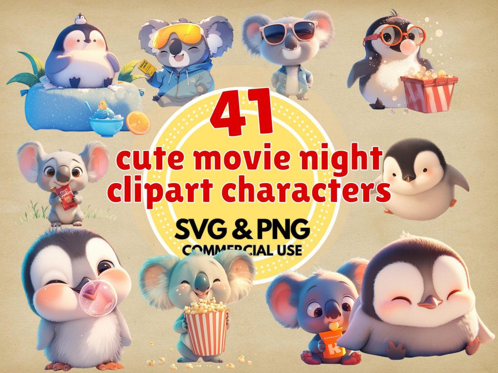 Cute Movie Night Clipart PNG SVG Digital Download Kawaii Popcorn Soda ...
