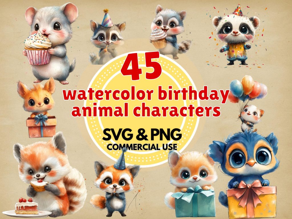 Watercolor Birthday Animals Clipart Cute Animal PNG SVG Digital ...