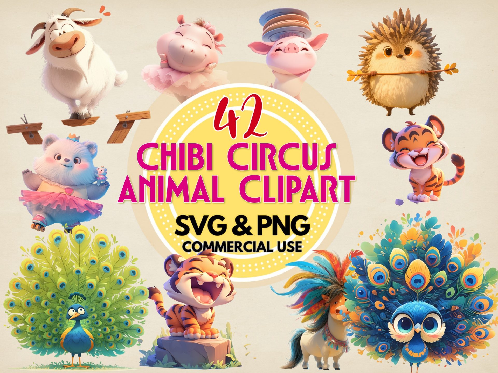 Chibi Circus Animal Clipart Set – Cute PNG & SVG Graphics for Stickers ...