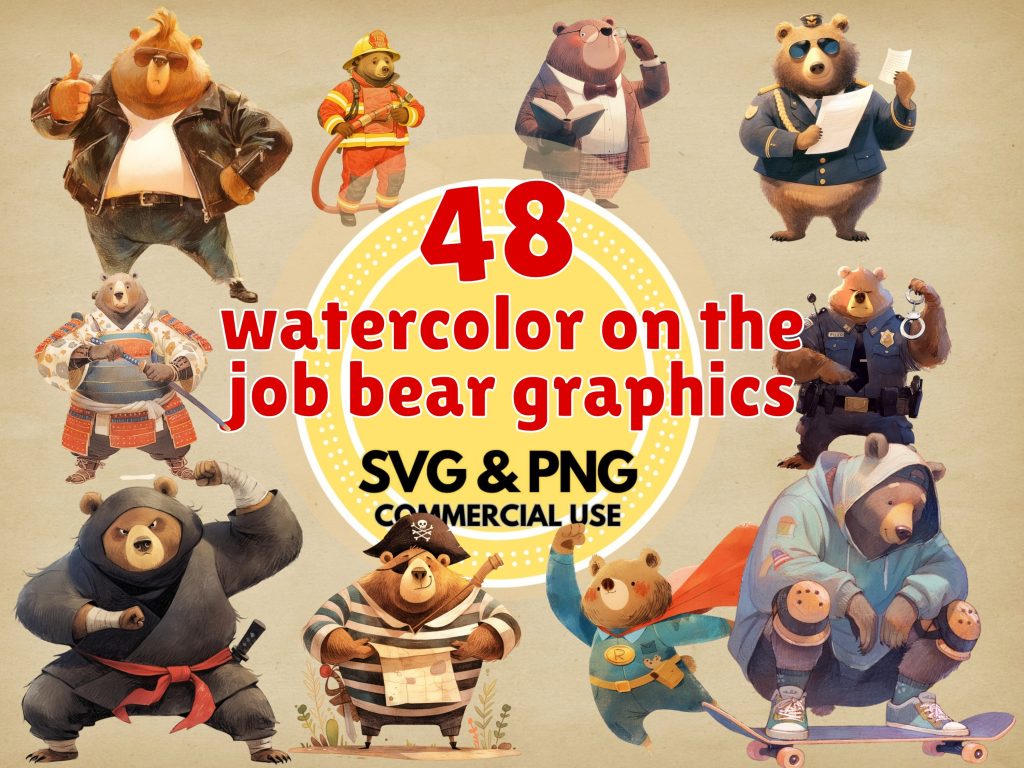Watercolor Occupational Bear Clipart PNG SVG – Cute Job-Themed Bear ...